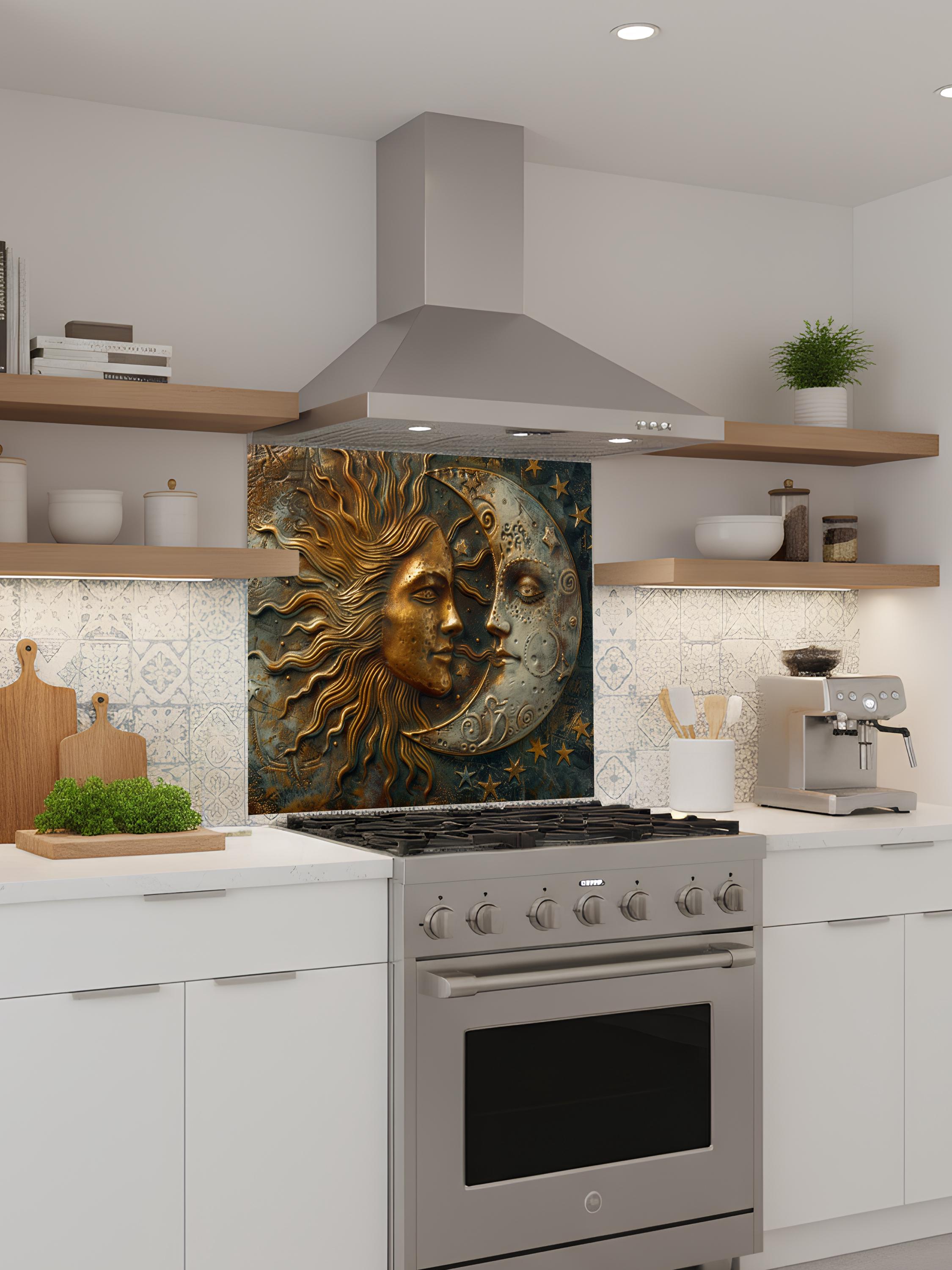 Backsplash for Stove, Tempered Glass Splashback, Bronze Sun & Moon ...