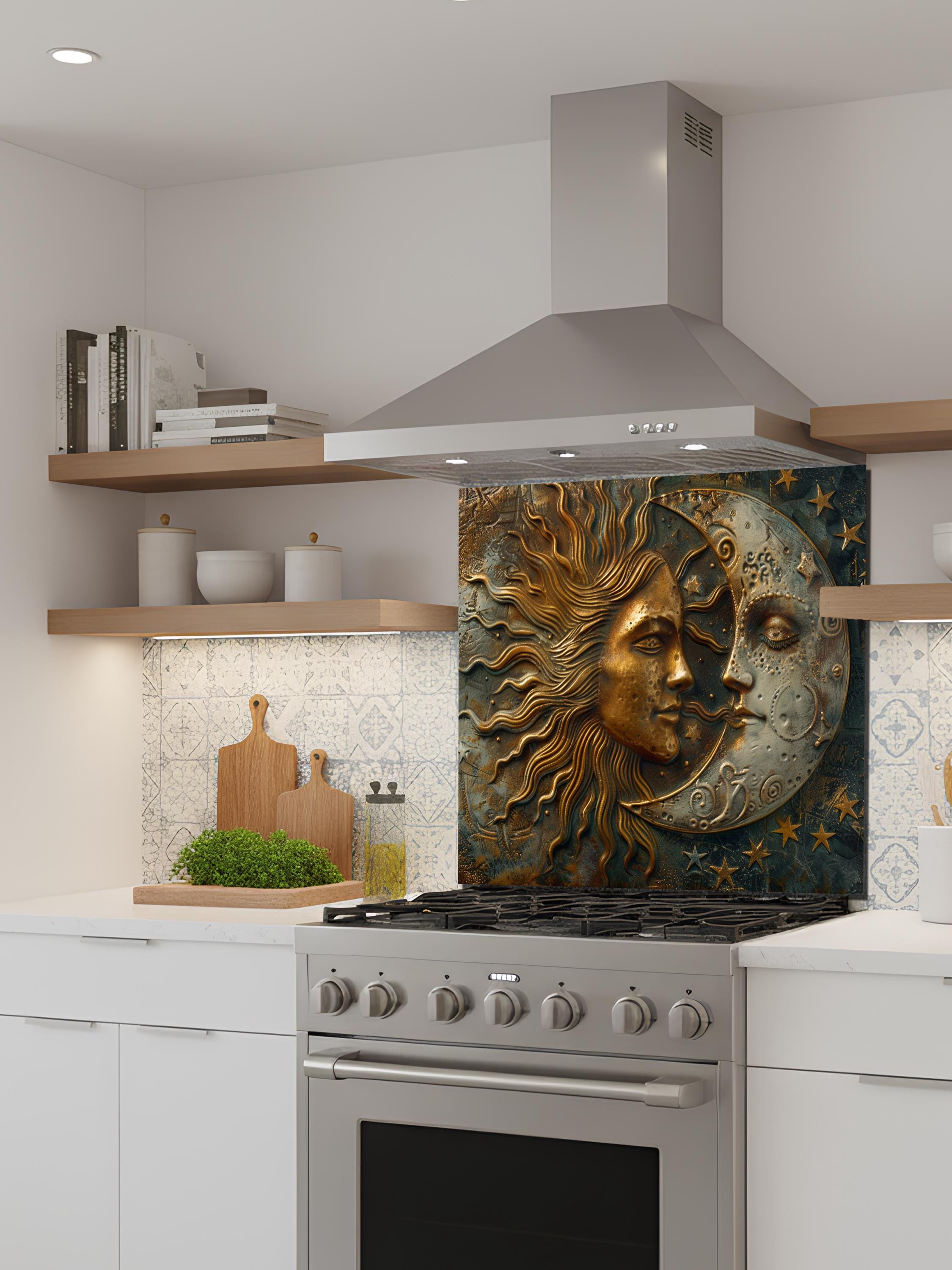 Backsplash for Stove, Tempered Glass Splashback, Bronze Sun & Moon ...