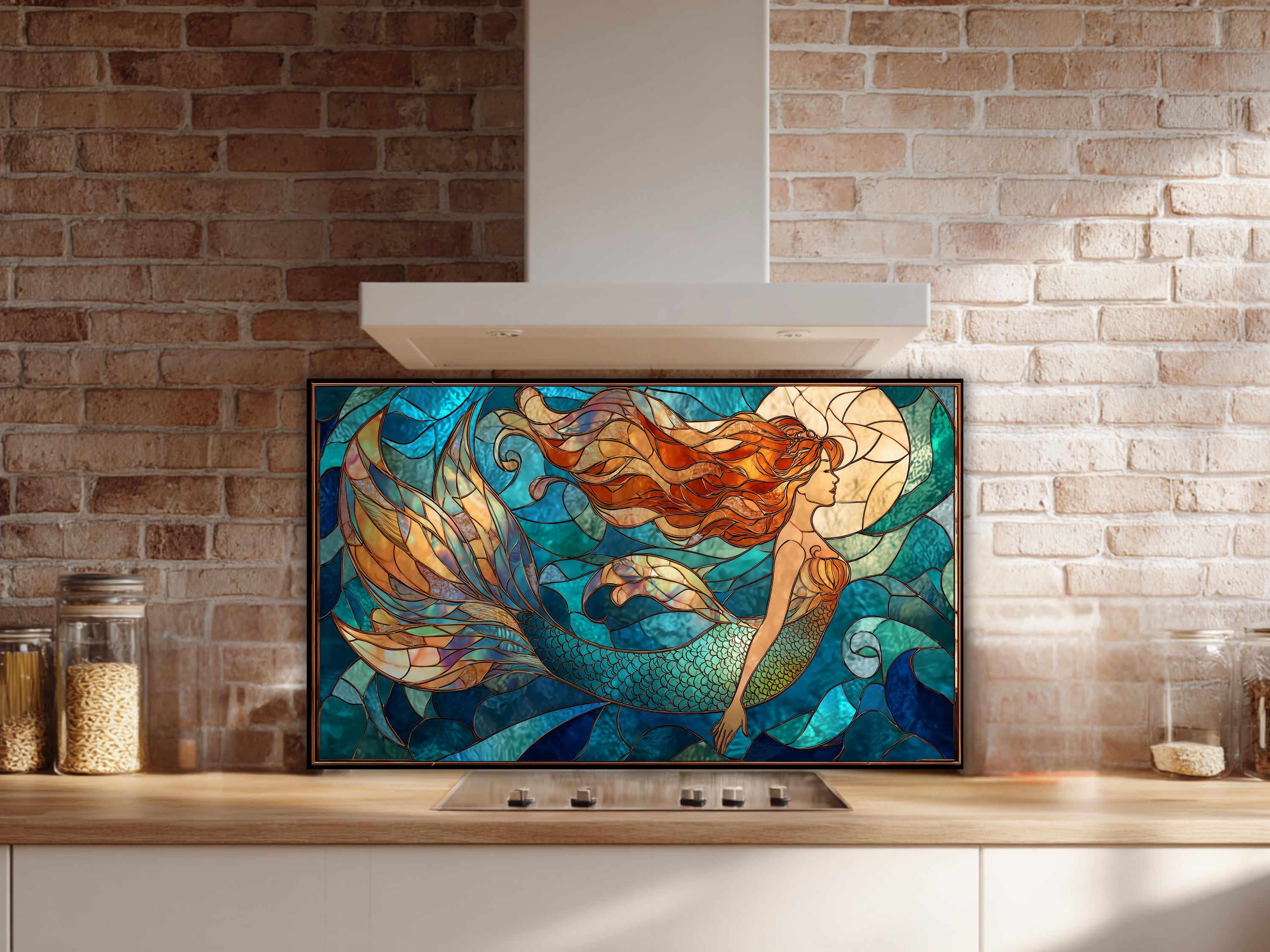Stained Glass Mermaid Backsplash: Ocean Fantasy Tempered Glass Kitchen ...