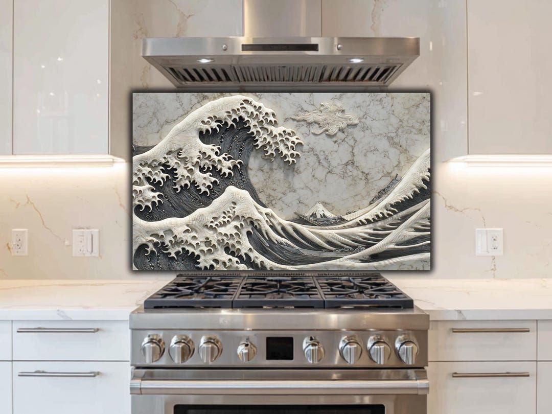 Japanese Wave Stove Backsplash: Tempered Glass Kitchen Decor - Etsy