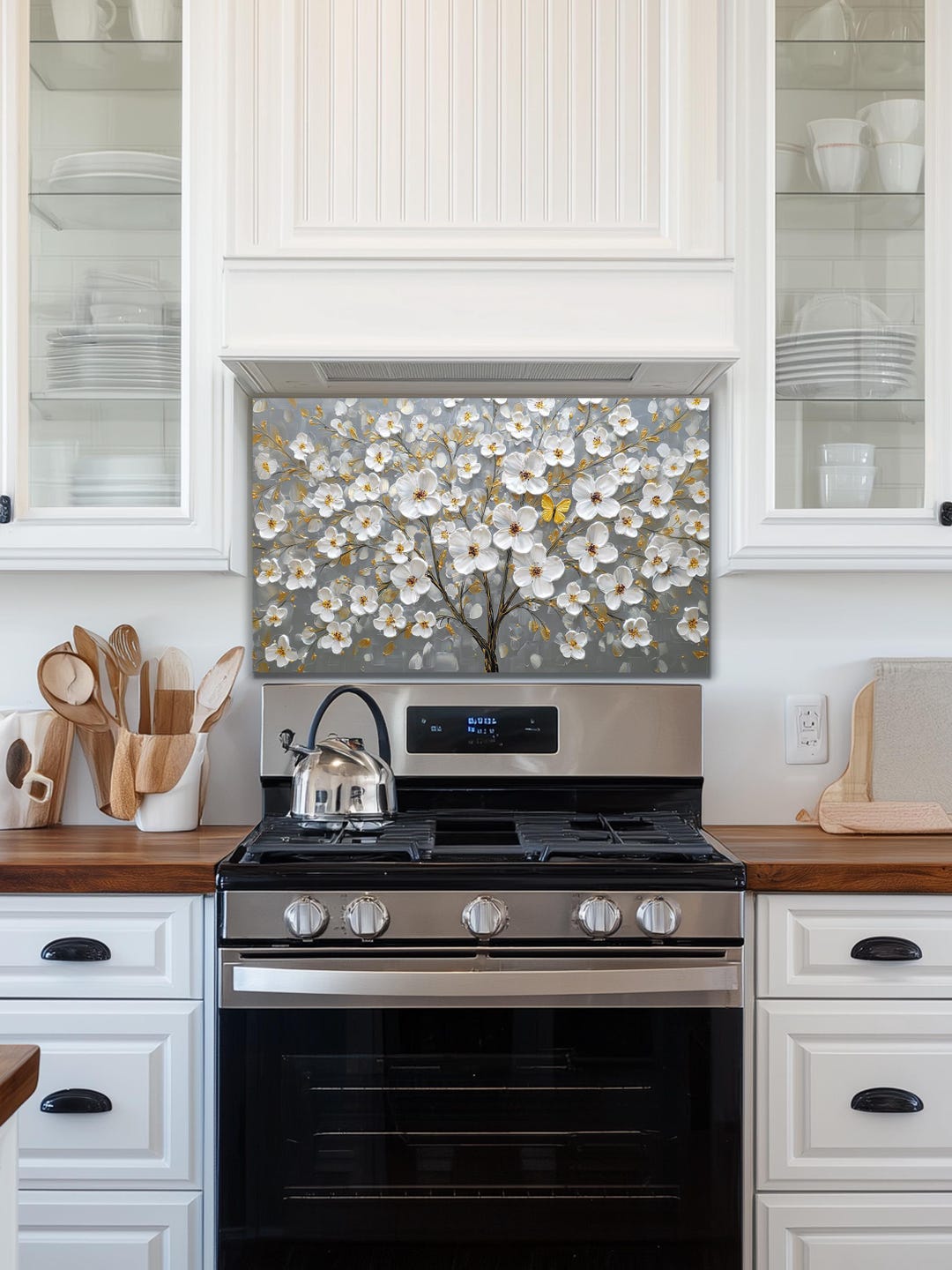 Grey & White Blossom Tempered Glass Stove Backsplash | Custom Kitchen ...