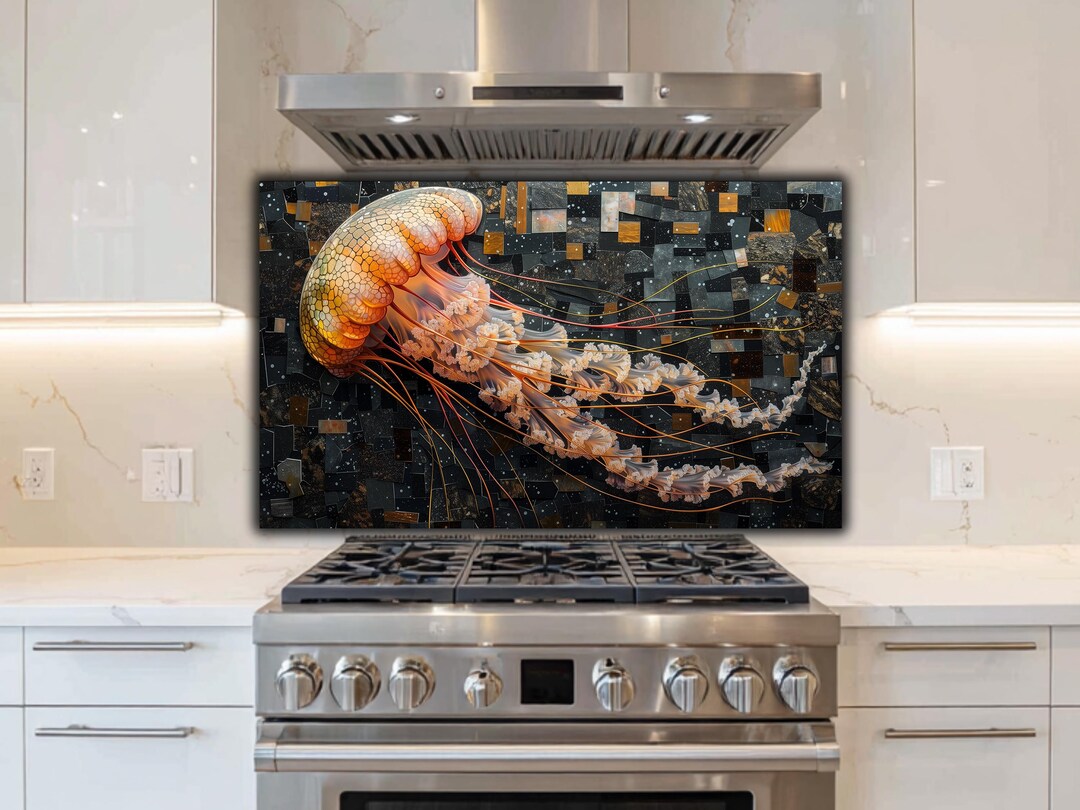 Peach Jellyfish Glass Backsplash | Mosaic Stained Glass Look Stove ...