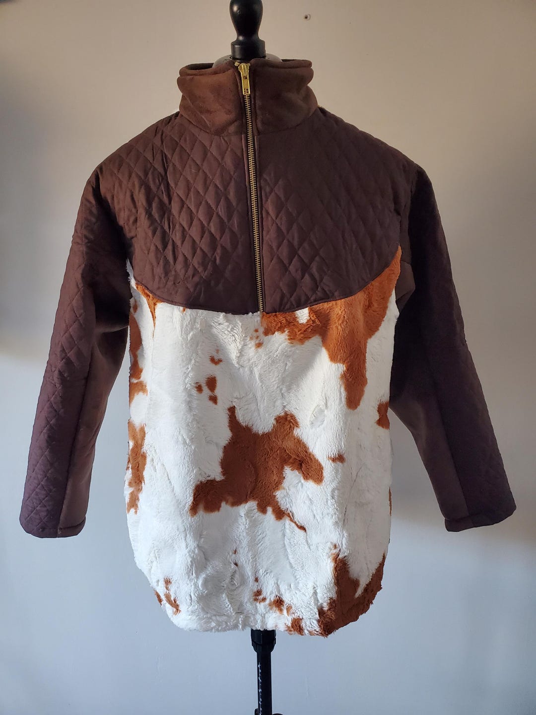 Handmade Minky Cow Print Half Zip Jacket, Quilted Western Sweater, Size ...