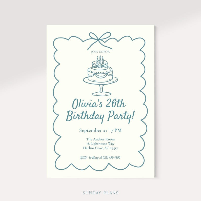 Birthday Party Invitation Template | Hand-drawn Cake, Whimsical Border ...