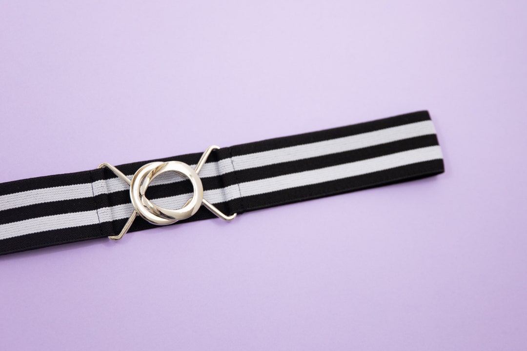 1.5" Black and White Stripe Preppy Elastic Belt for Women - Soft Plush ...