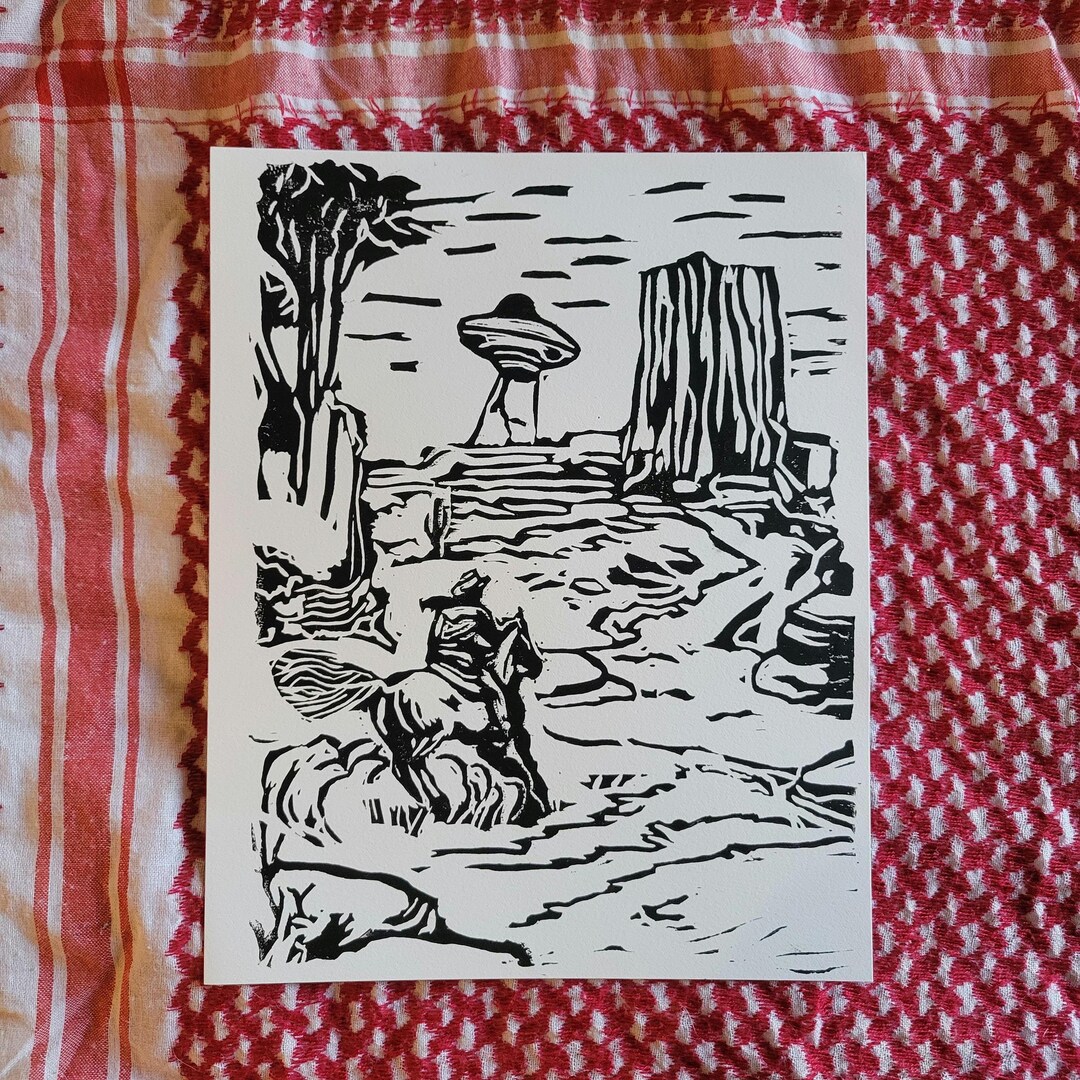 Cowboy UFO Abduction Original Handmade Linocut Limited Print Numbered 1 ...