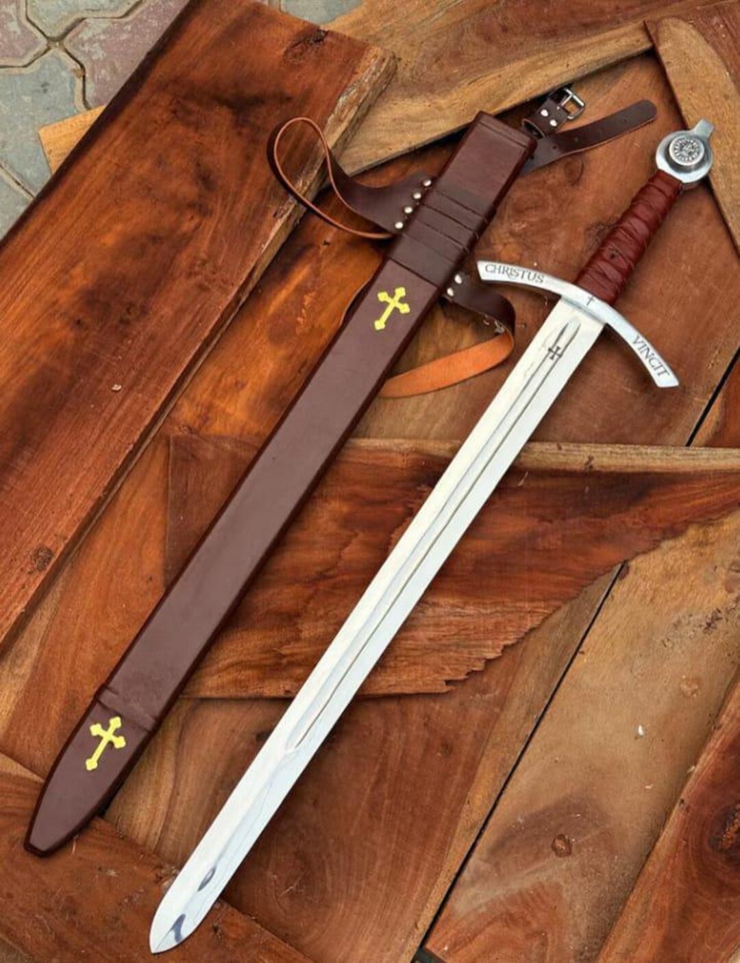 Handmade Knights Templar Stainless Steel Sword With Leather Sheath ...