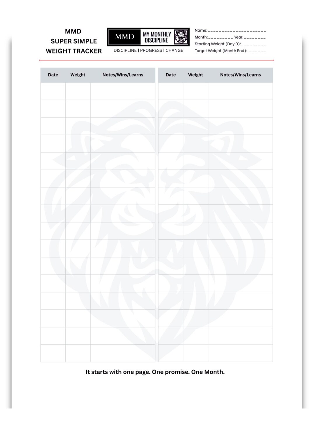 MMD Super Simple Weight Tracker | Ready-to-use Printable One-page ...