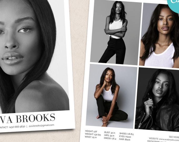 Model Comp Card Edit Free in Canva, Minimalist Fashion Model Zed Card ...