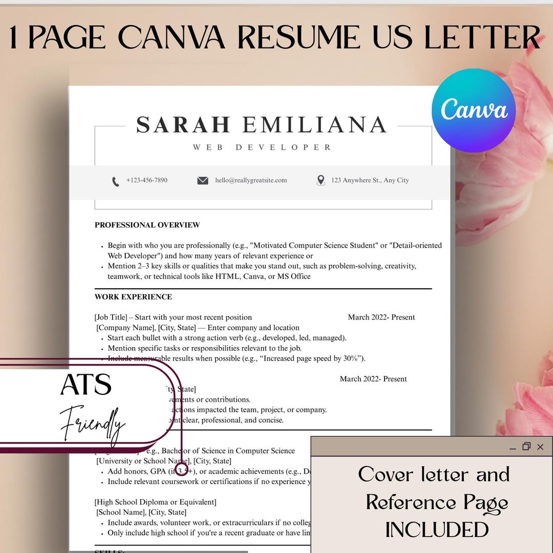 1 Page Canva Resume Template - Cover Letter & Reference Page | Minimal ...
