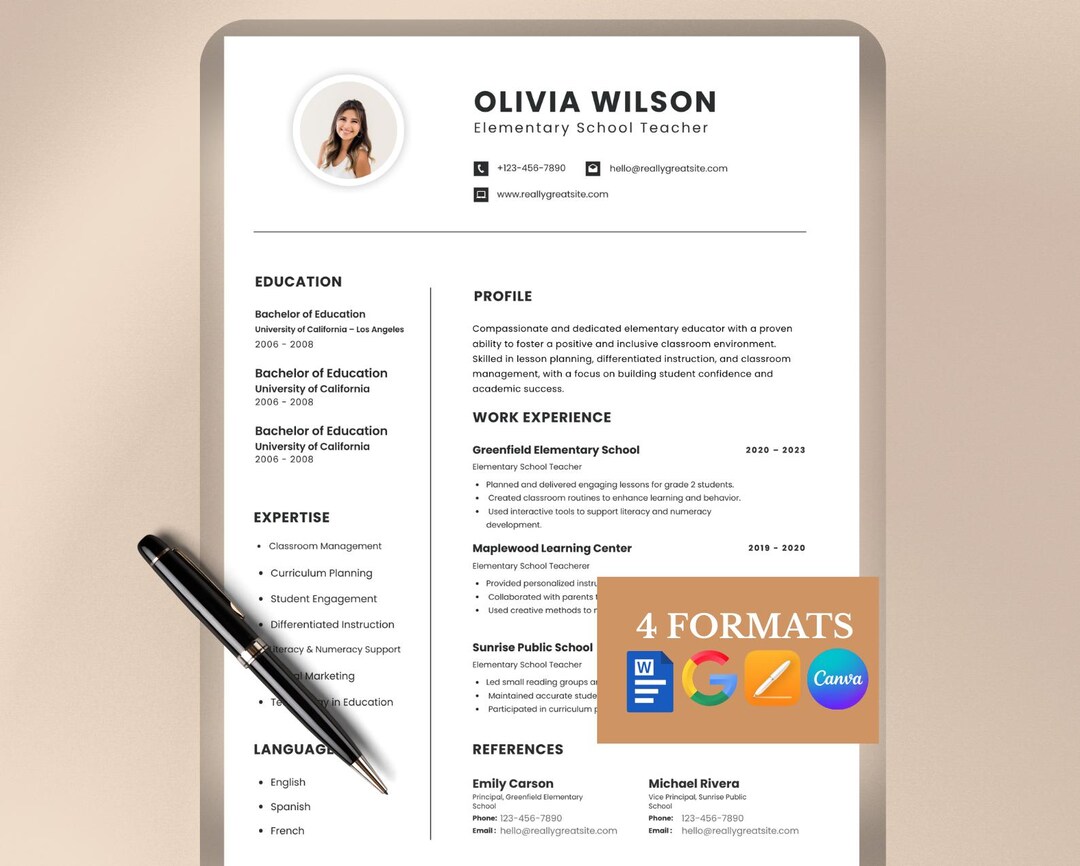 Teacher Resume Template for Google Docs, Word & Pages | ATS Friendly ...