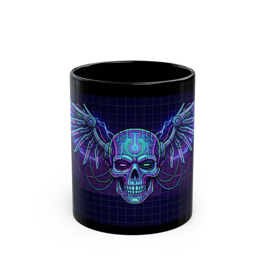 Cyber Winged Skull Mug | Neon Tech Skull on Black Coffee Mug - Etsy
