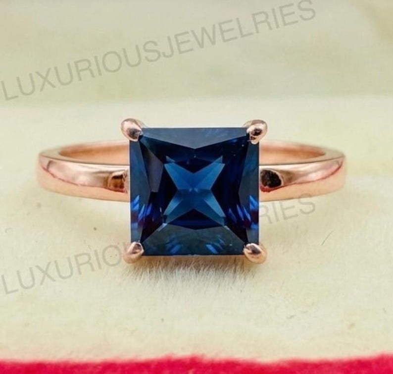Blue Topaz Princess Cut Engagement Ring Rose Gold Solitaire Minimalist ...