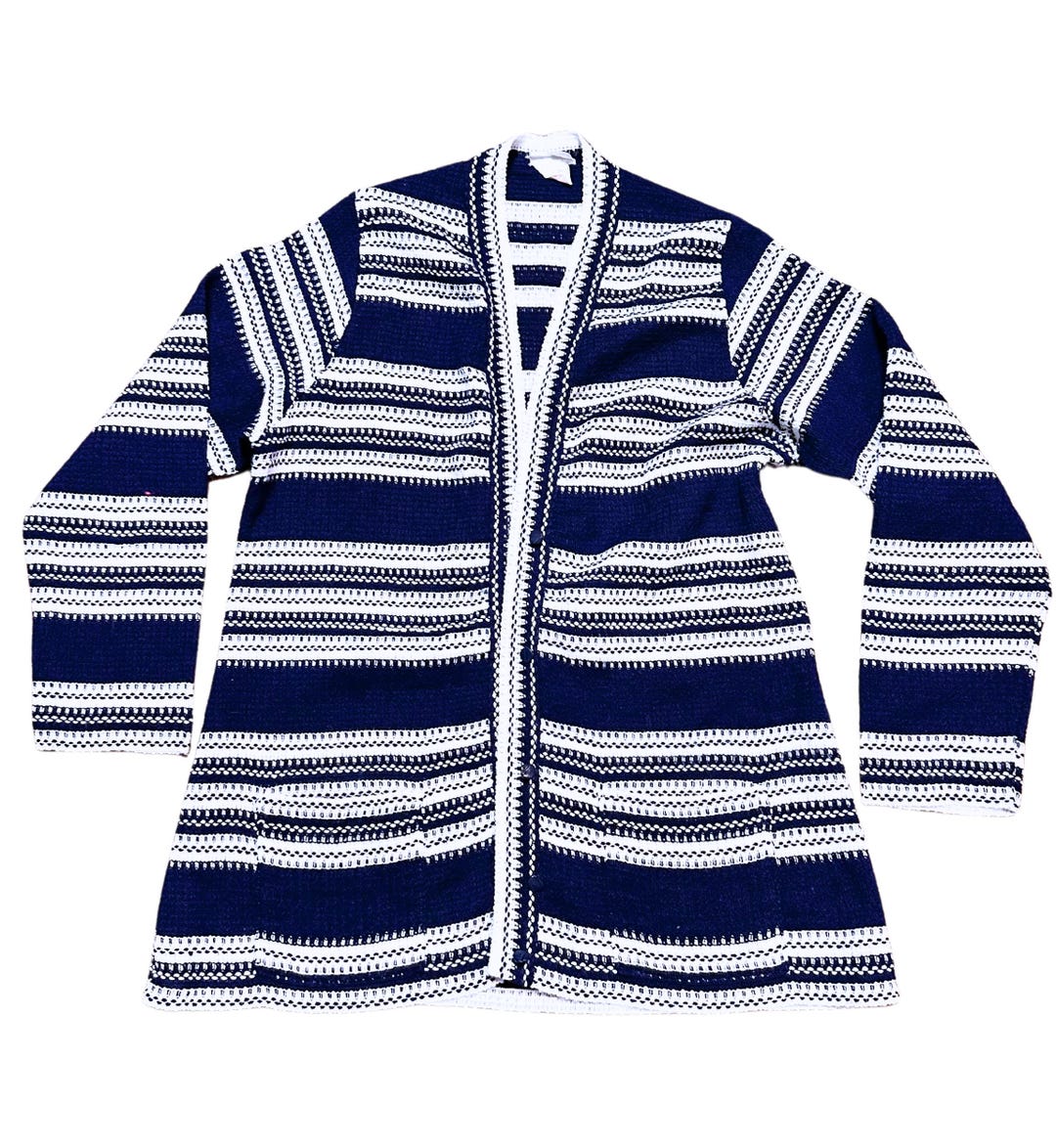 Vintage Cardigan | 1970s Vintage Navy & White Boho Cardigan Size 12/14 ...