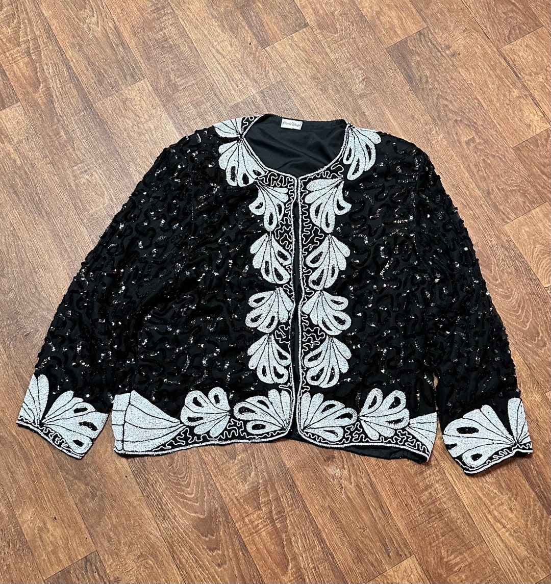 Sequined Vintage Jacket | 1980s Vintage Frank Usher Black & White Sequin Jacket Size 14/16 ...