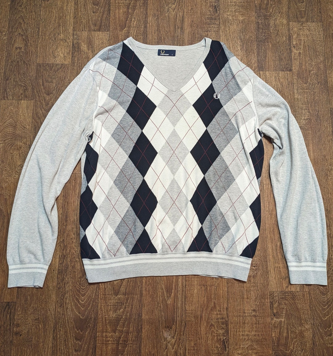 Vintage Sweatshirt Mens Vintage Fred Perry Grey Argyle Sweater Size XL ...