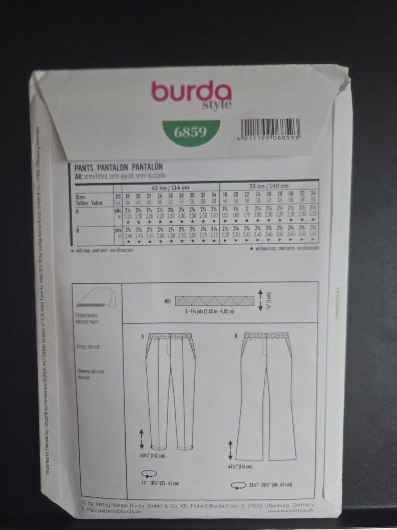 Burda Sewing Pattern 6859 EASY Trousers Pull-on Bootcut or Narrow Size ...