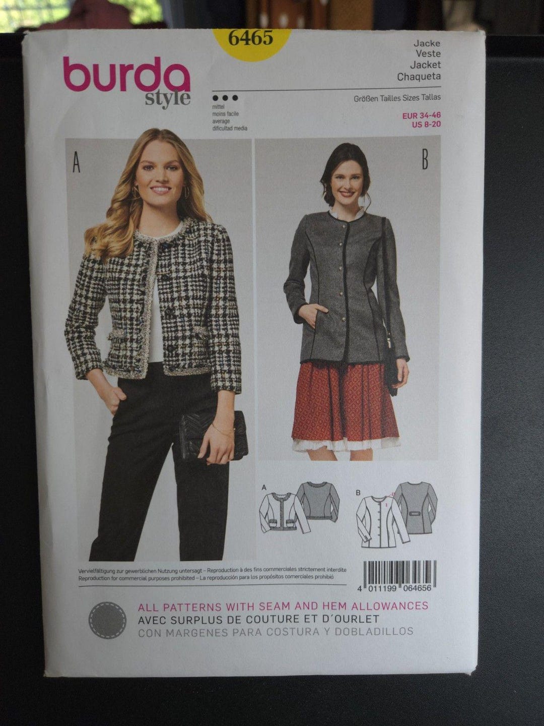 Burda Sewing Pattern 6465 Style Women's Collarless Jacket Coat Sizes 8 ...