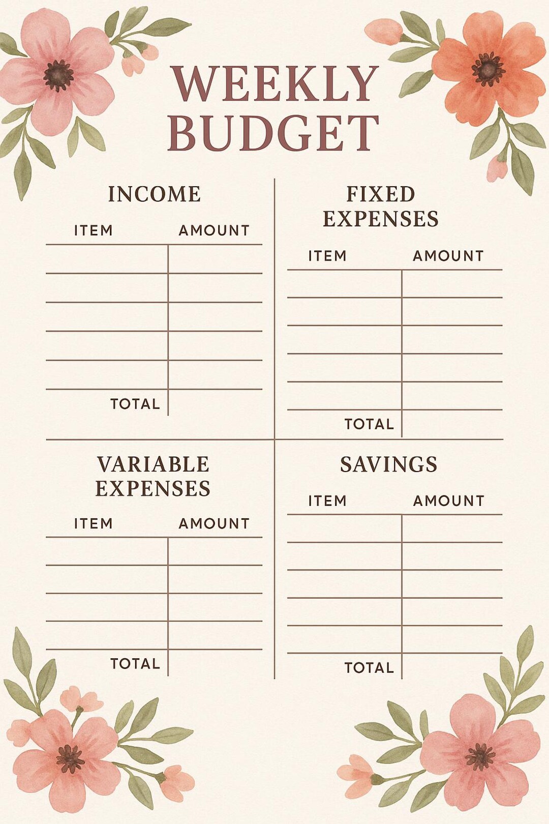 Simple Floral Printable Budget Template - Etsy Australia