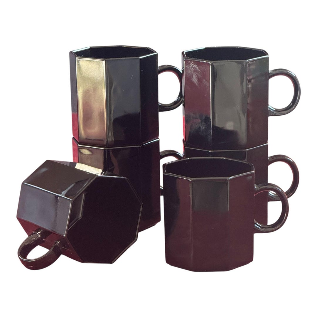 Arcoroc Octime Mugs Black Set 6 Tempered Glass Octagonal Made in France ...