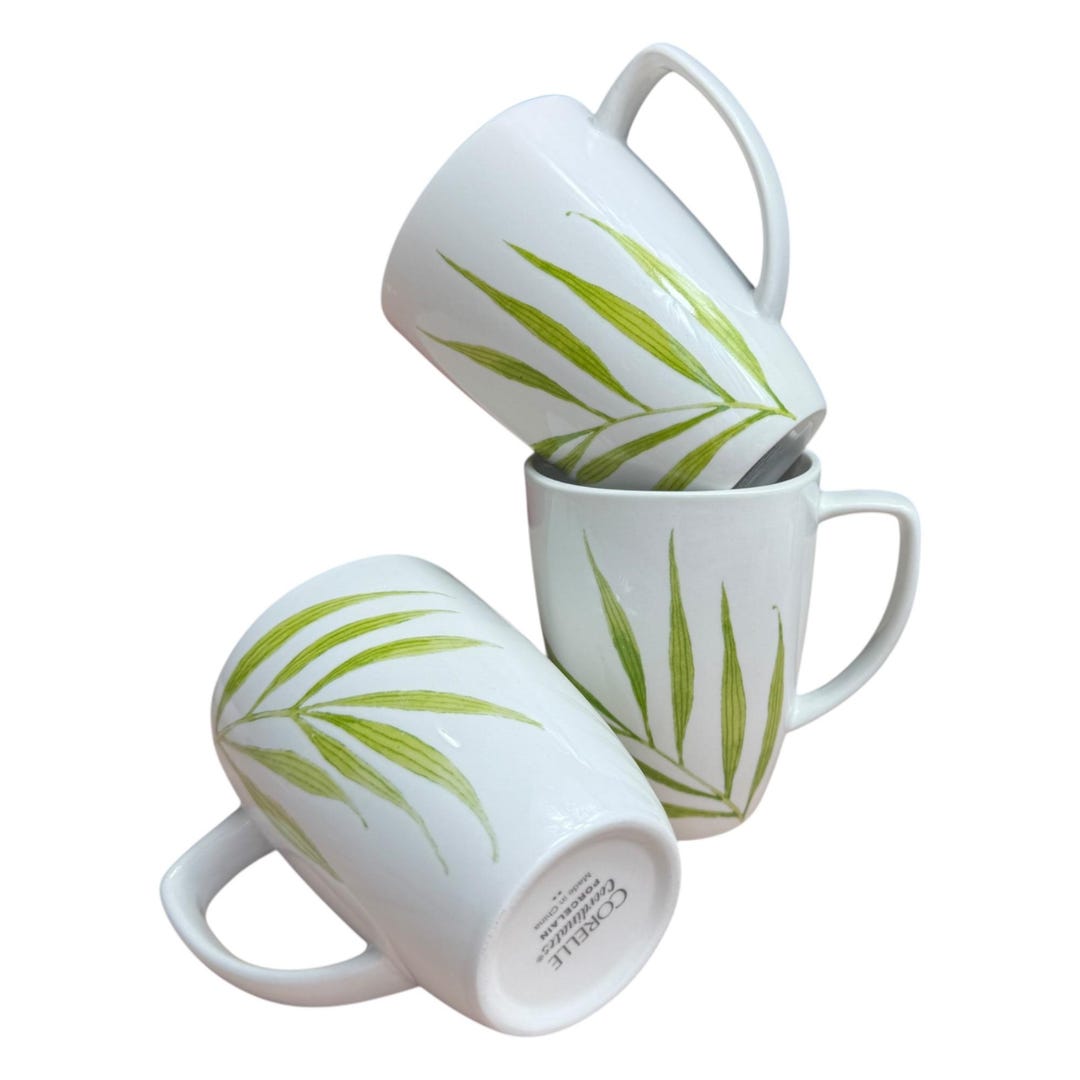 Vintage Corelle Coordinates Bamboo Leaf Mugs Set 3 Porcelain Coffee ...