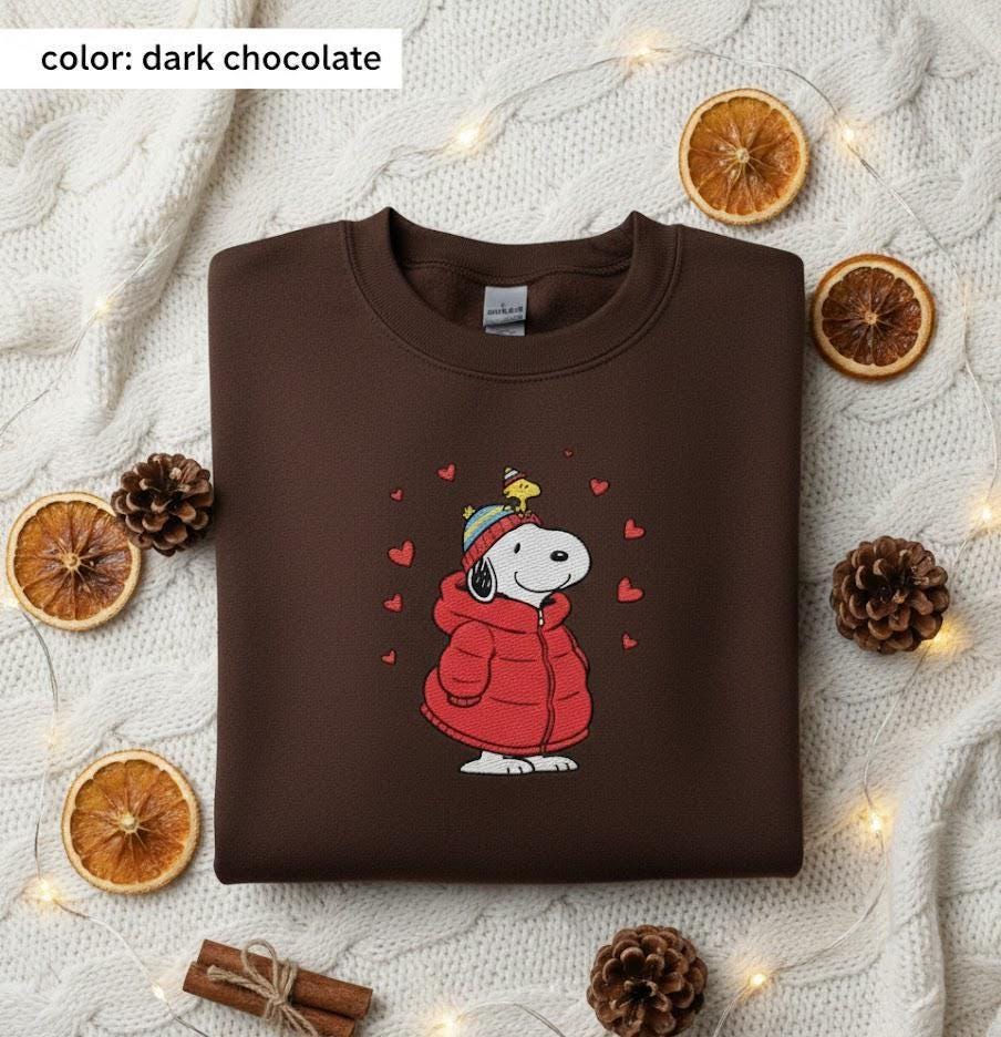 Embroidered Snoopy Puffer Sweatshirt, Valentine's Day Crewneck, Peanuts ...