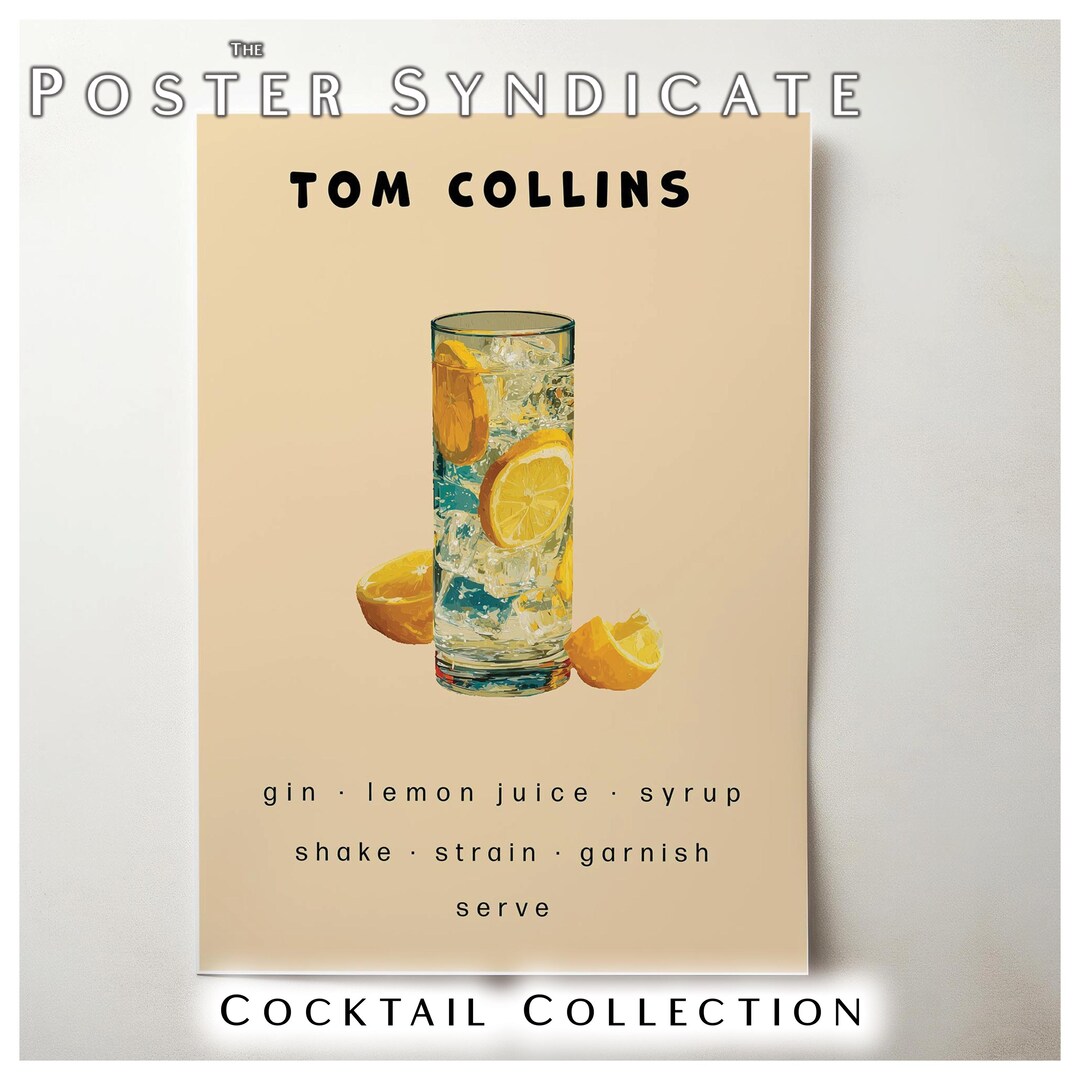 Tom Collins Cocktail Poster – Retro Wall Art for Kitchen, Bar Cart, or ...