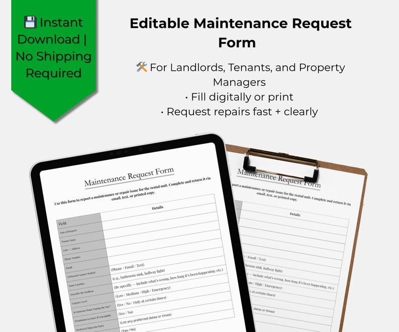 Tenant Maintenance Request Form PDF – Editable Repair Sheet for ...
