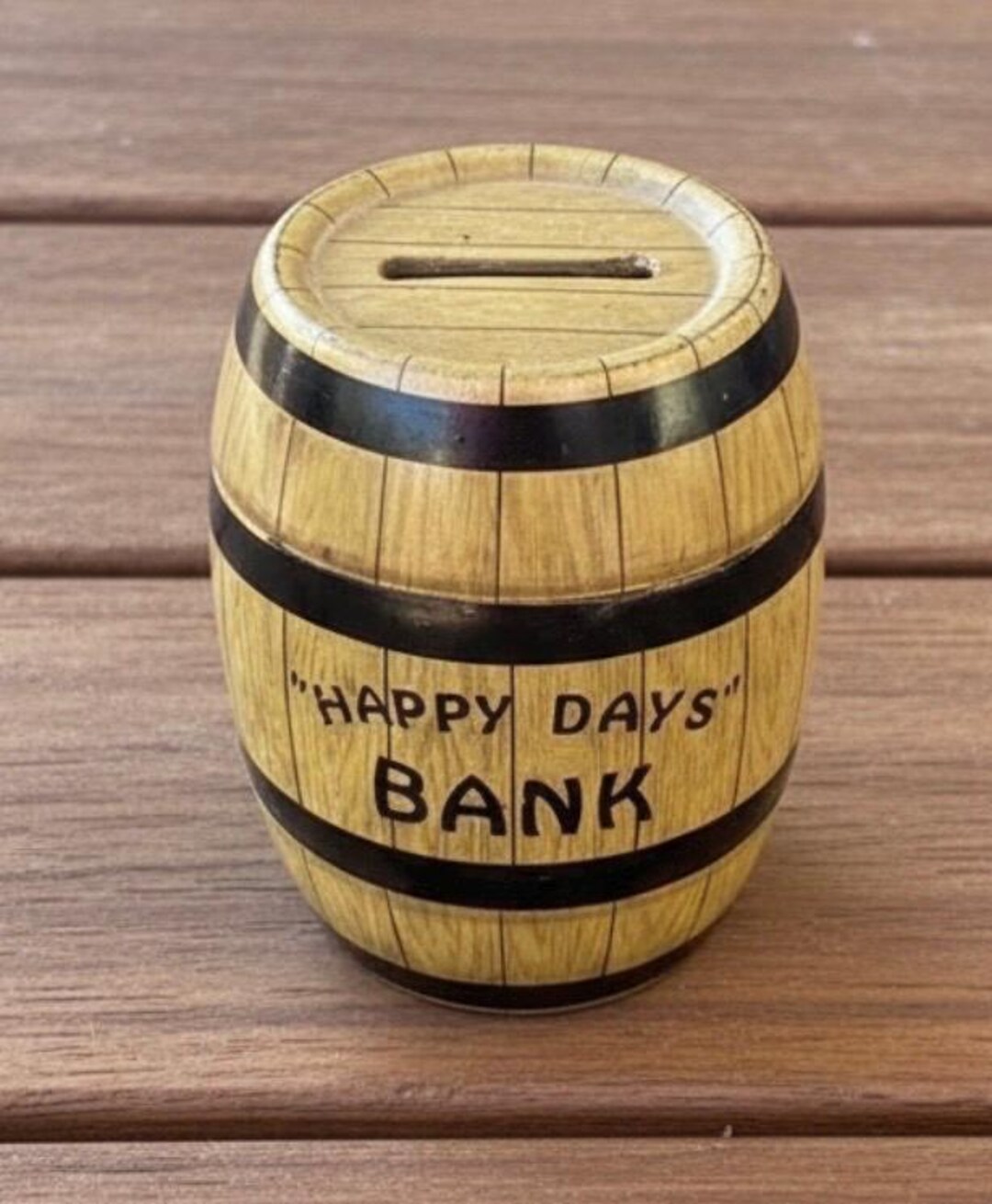 Happy Days Barrel Bank – Vintage Wood-look Coin Bank, Good Condition - Etsy