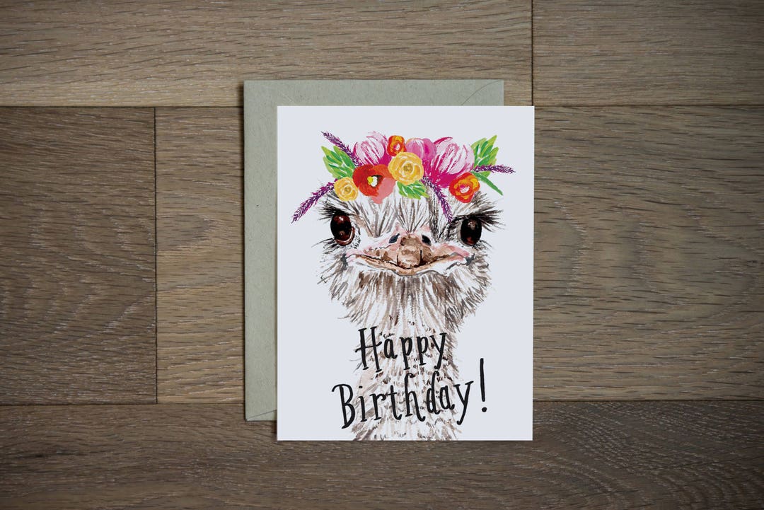 Happy Birthday Card - Ostrich Card - Illustration - Flower Art - Hand ...