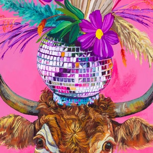 Funky Disco Cow, Disco Ball Cow Art, Bull Painting, Eclectic Animal Art ...