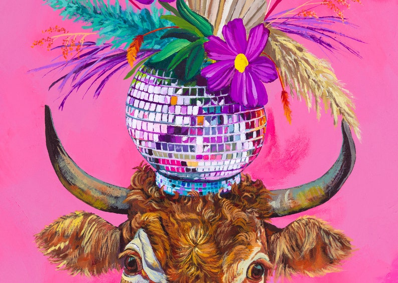 Funky Disco Cow, Disco Ball Cow Art, Bull Painting, Eclectic Animal Art ...