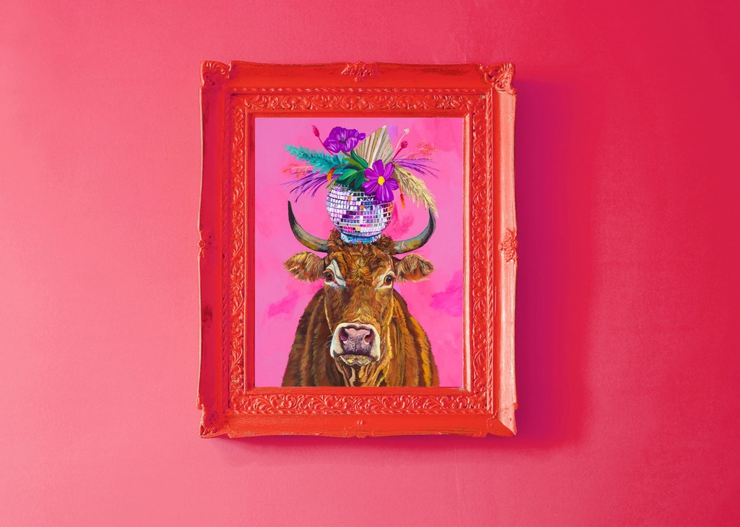 Funky Disco Cow, Disco Ball Cow Art, Bull Painting, Eclectic Animal Art ...