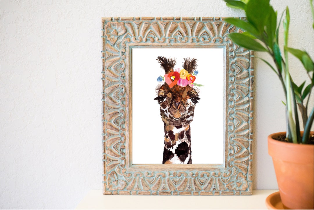 Giraffe Art Print - Flower Crown - Modern Animal - Funny Art - Boho Art ...