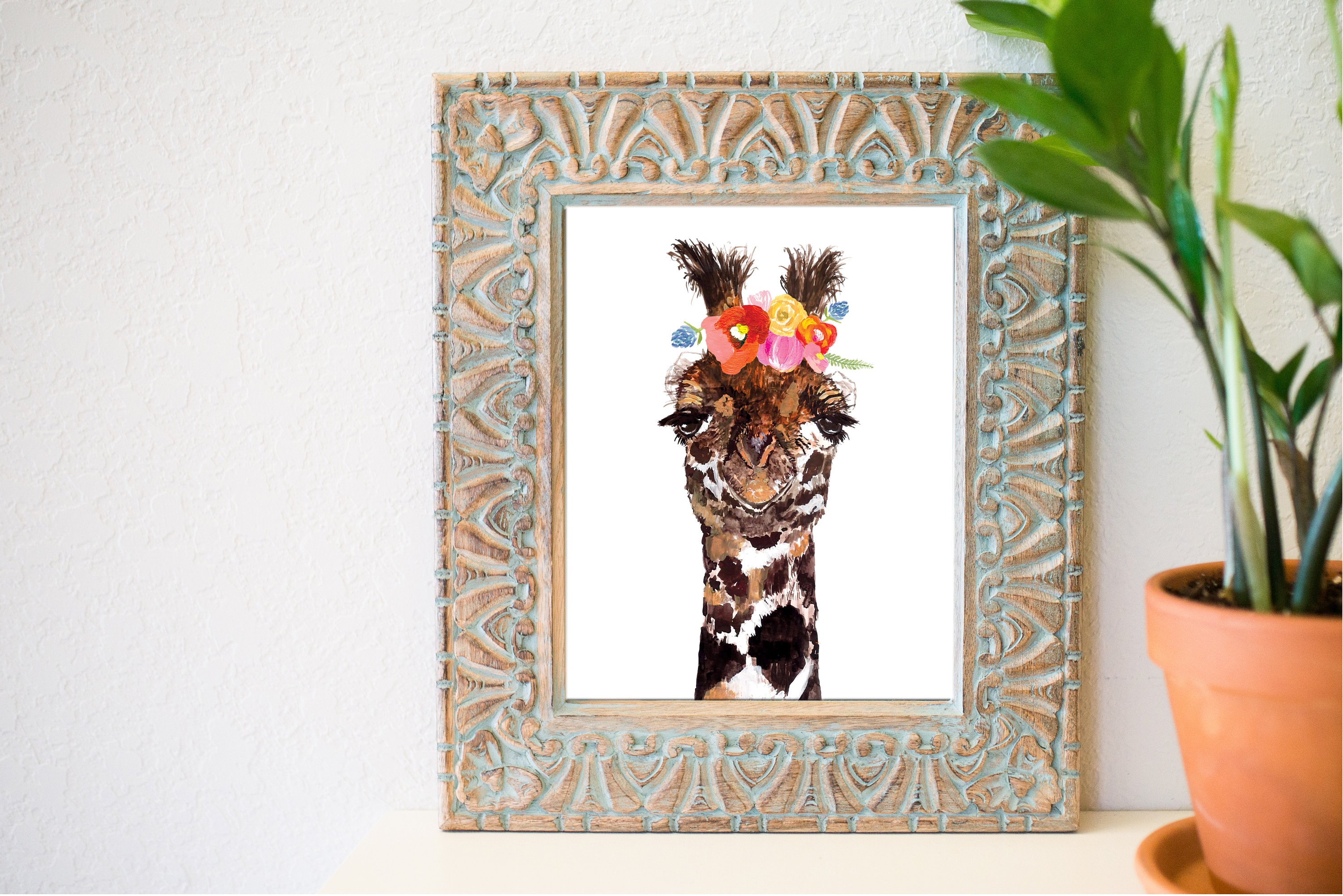 Giraffe art print flower crown modern animal funny art | Etsy