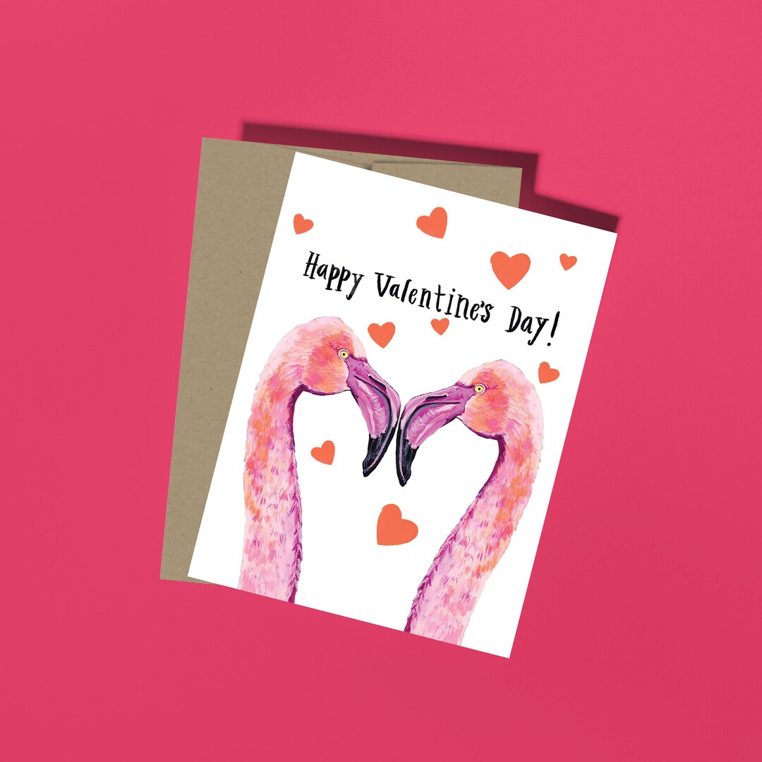 Pretty Flamingo Valentines Card - Pink and Red Card - Hearts Greeting ...