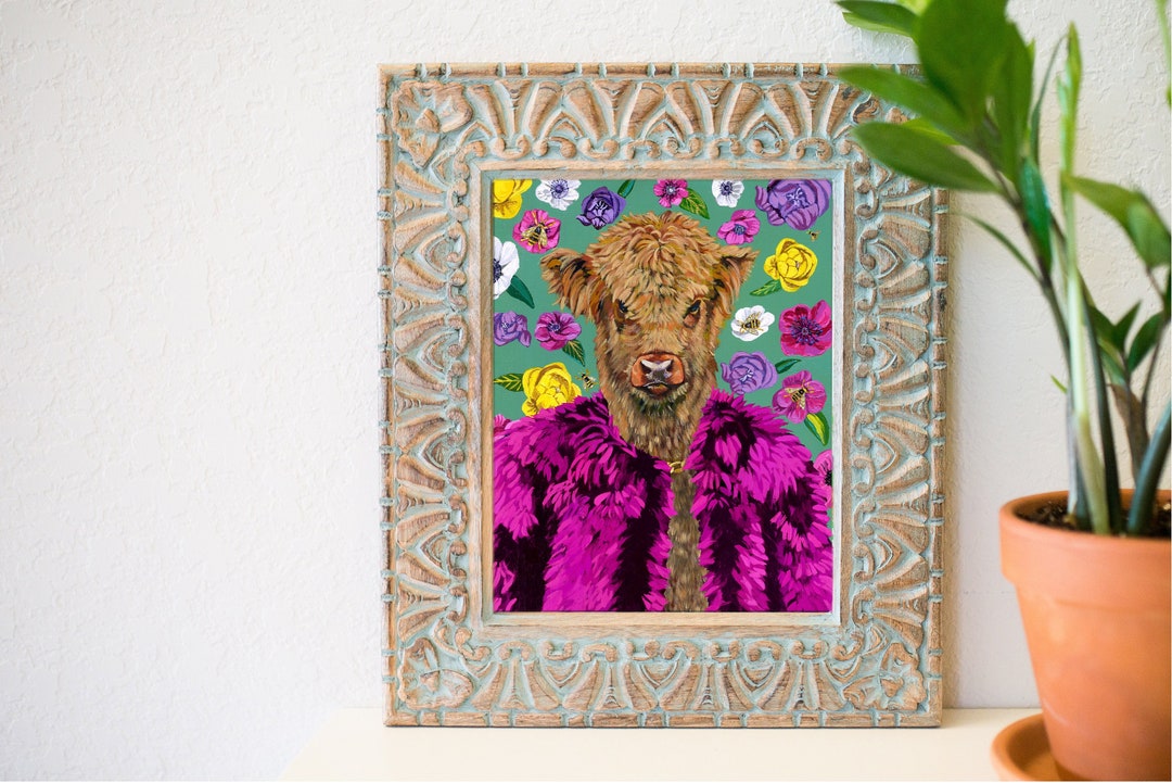 8 X 10 Fancy Highland Cow, Funky Cow Art, Pretty Florals, Highland Cow ...