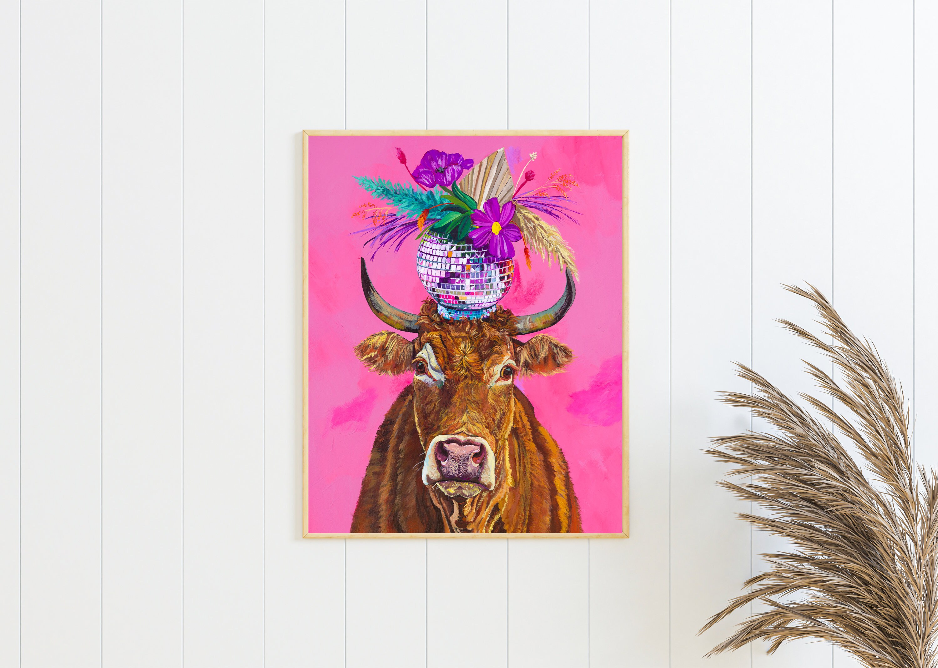 Funky Disco Cow, Disco Ball Cow Art, Bull Painting, Eclectic Animal Art ...