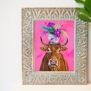 Funky Disco Cow, Disco Ball Cow Art, Bull Painting, Eclectic Animal Art ...