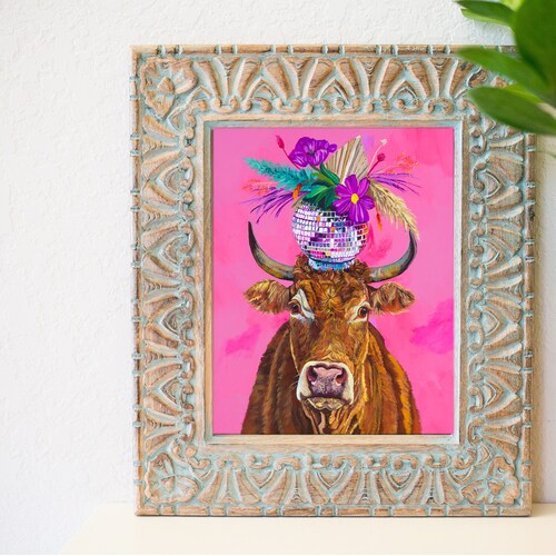 Funky Disco Cow Disco Ball Cow Art Bull Painting Eclectic - Etsy