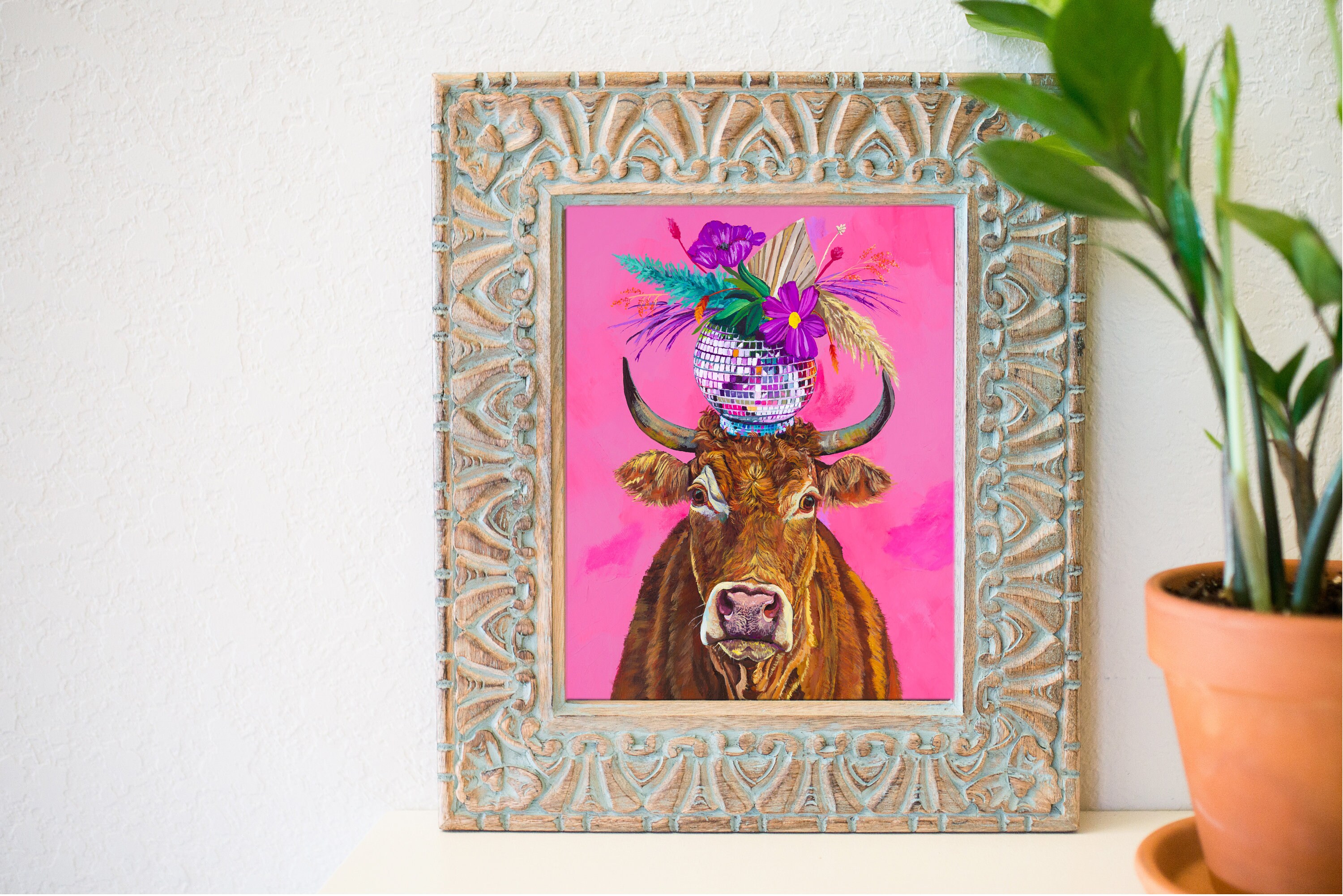 Funky Disco Cow Disco Ball Cow Art Bull Painting Eclectic - Etsy