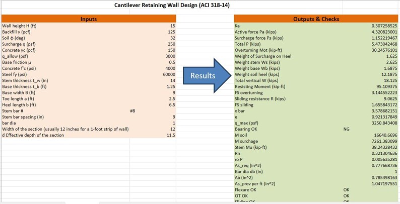 Cantilever Retaining Wall Design Spreadsheet – ACI 318, Sliding ...