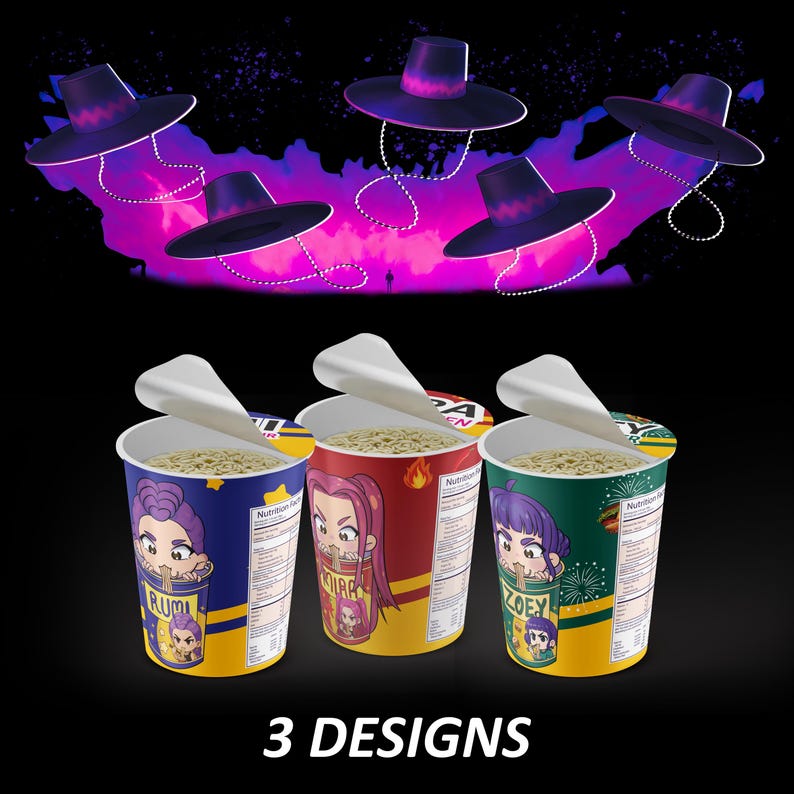 3 Kpop Demon Hunters Ramen Noodle Labels, Mira Rumi Zoey Cup Noodle ...