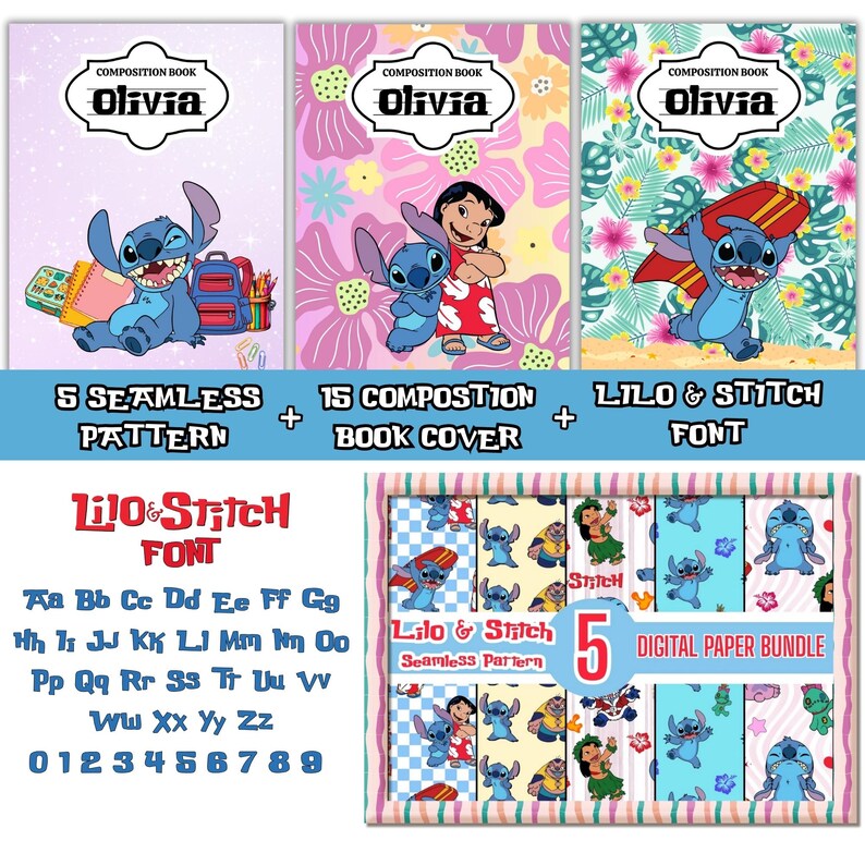 Lilo and Stitch Notebook Cover, Font & Digital Paper Bundle (digital ...