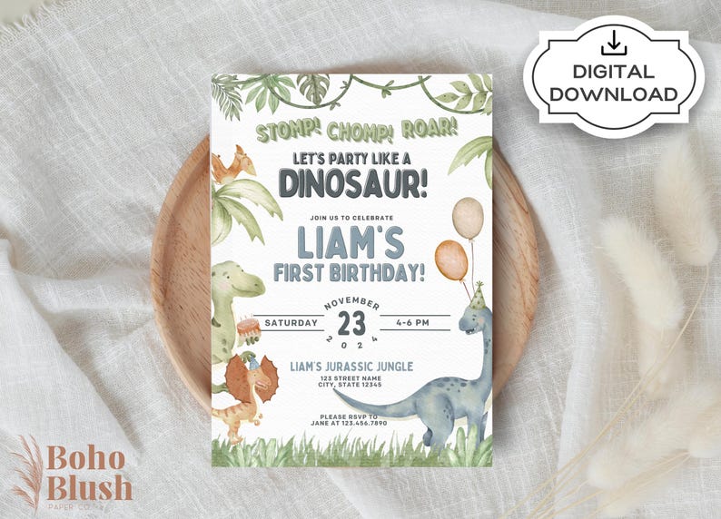 Dinosaur Birthday Invitation, Stomp Chomp Roar, Custom Kids Party ...