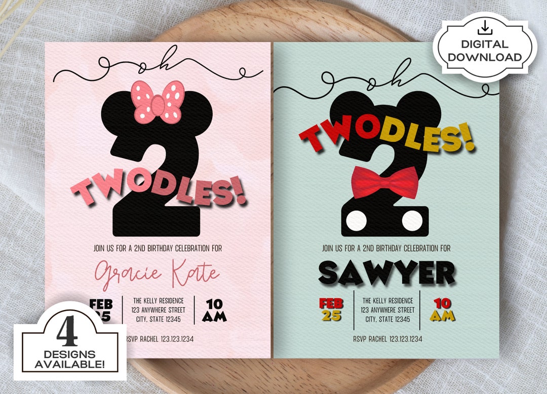 Oh Twodles Birthday Invitation Mickey Mouse Minnie Mouse - Etsy