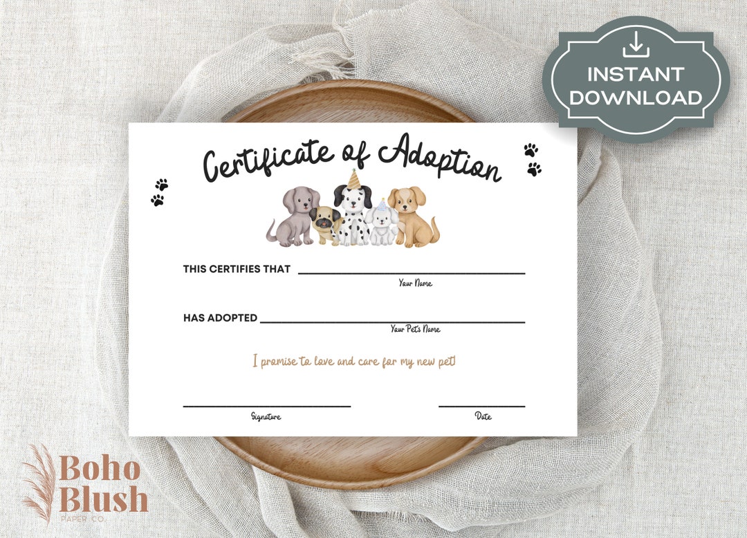 Printable Puppy Adoption Certificate, Digital Download, Birthday Party ...