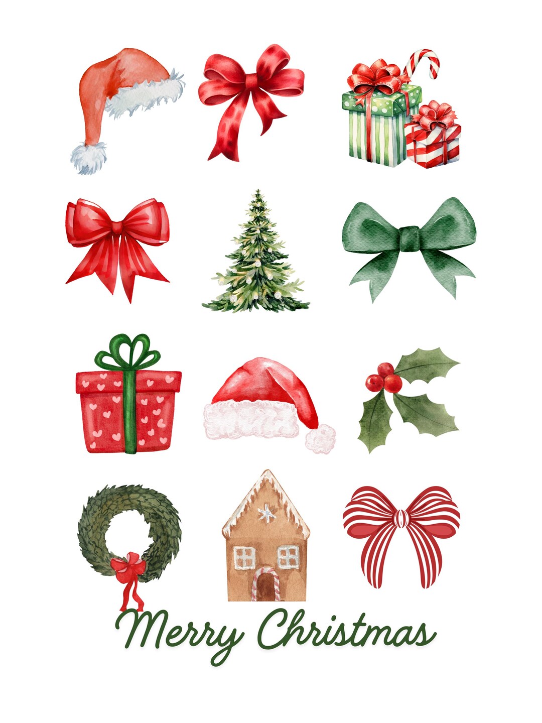 Merry Christmas Watercolor Clipart Set | Festive Holiday Bows, Gifts ...