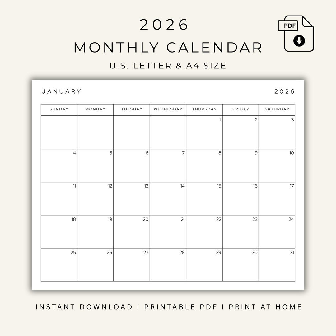 Calendrier mensuel 2026 imprimable, début du dimanche (téléchargement ...