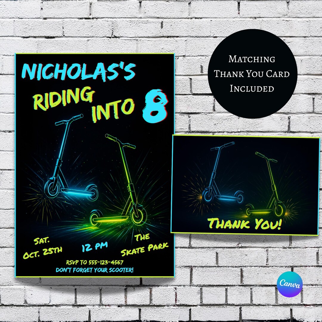Neon Scooter Birthday Invitation for Boys | Light up Party Invite ...